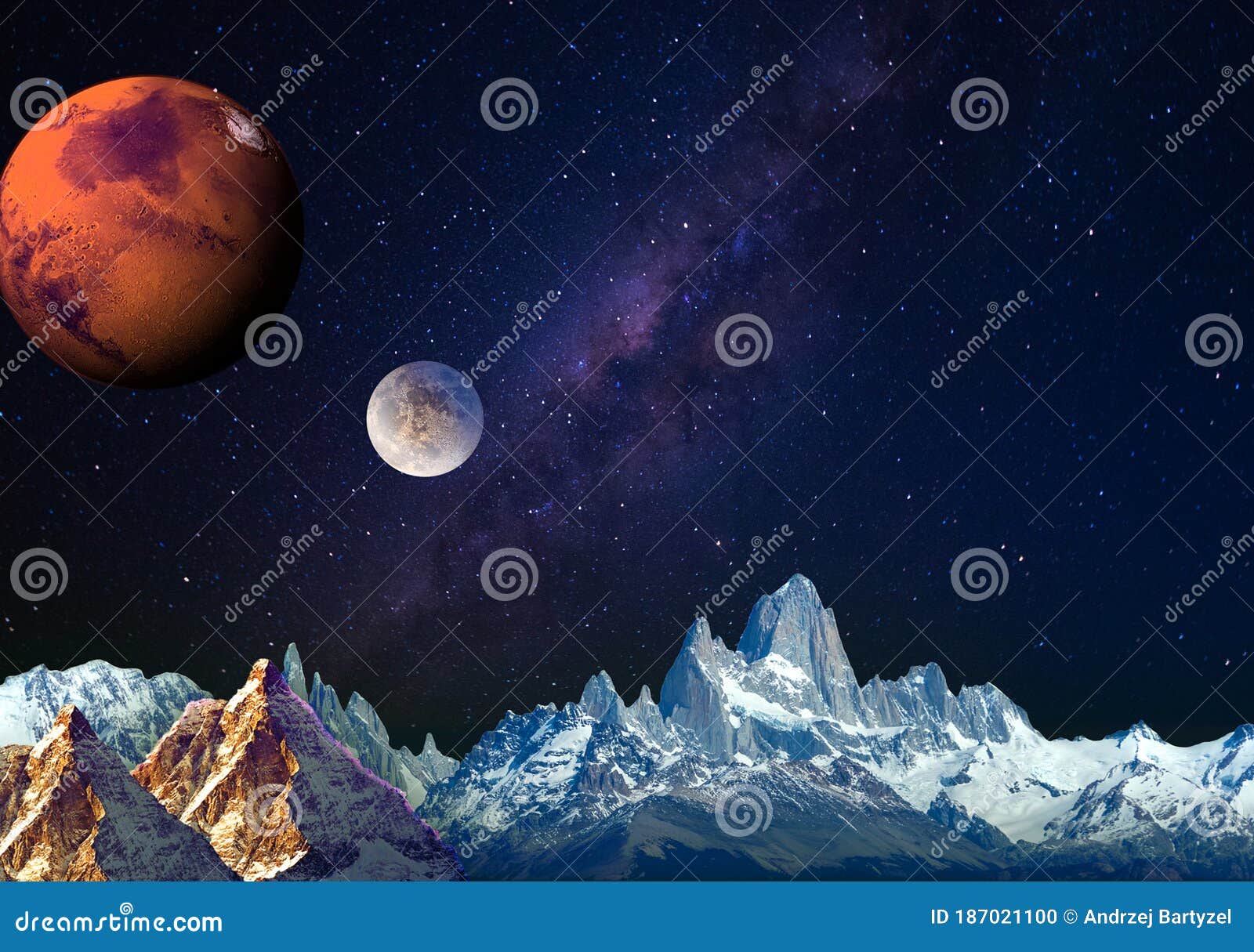 Ice Covered Planet with Two Orbiting Moons Stock Illustration ...