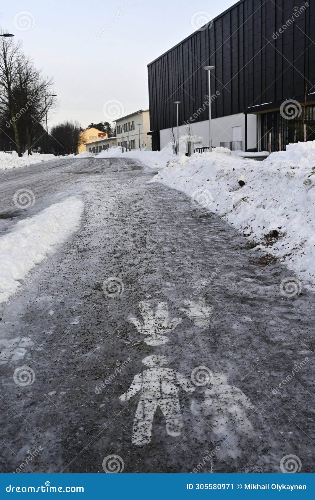 Ice Covered Sidewalk with a Pedestrian Path Sign Stock Image - Image of ...