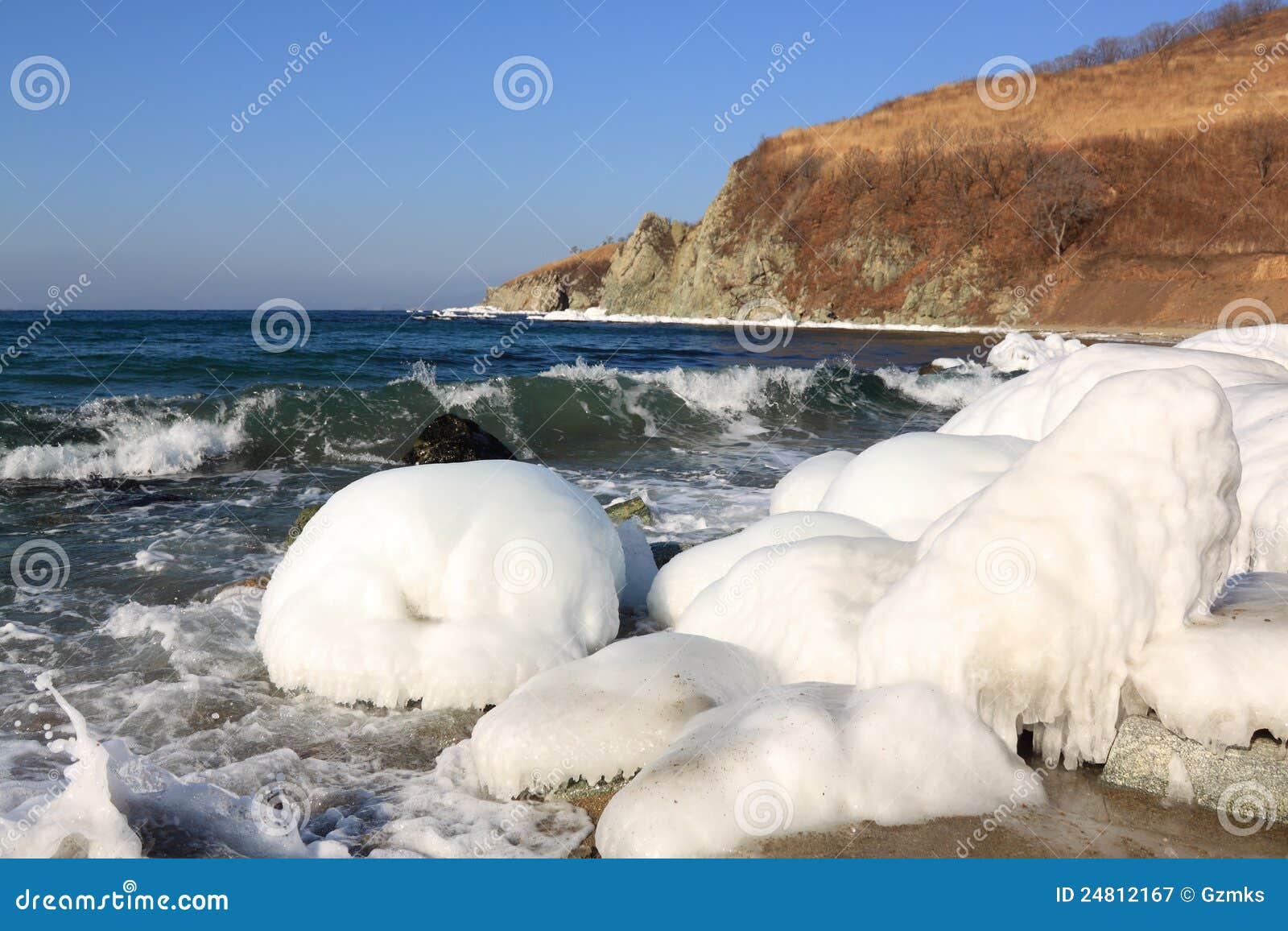 Ice Covered Stones on Seashore Stock Image - Image of sunlight ...