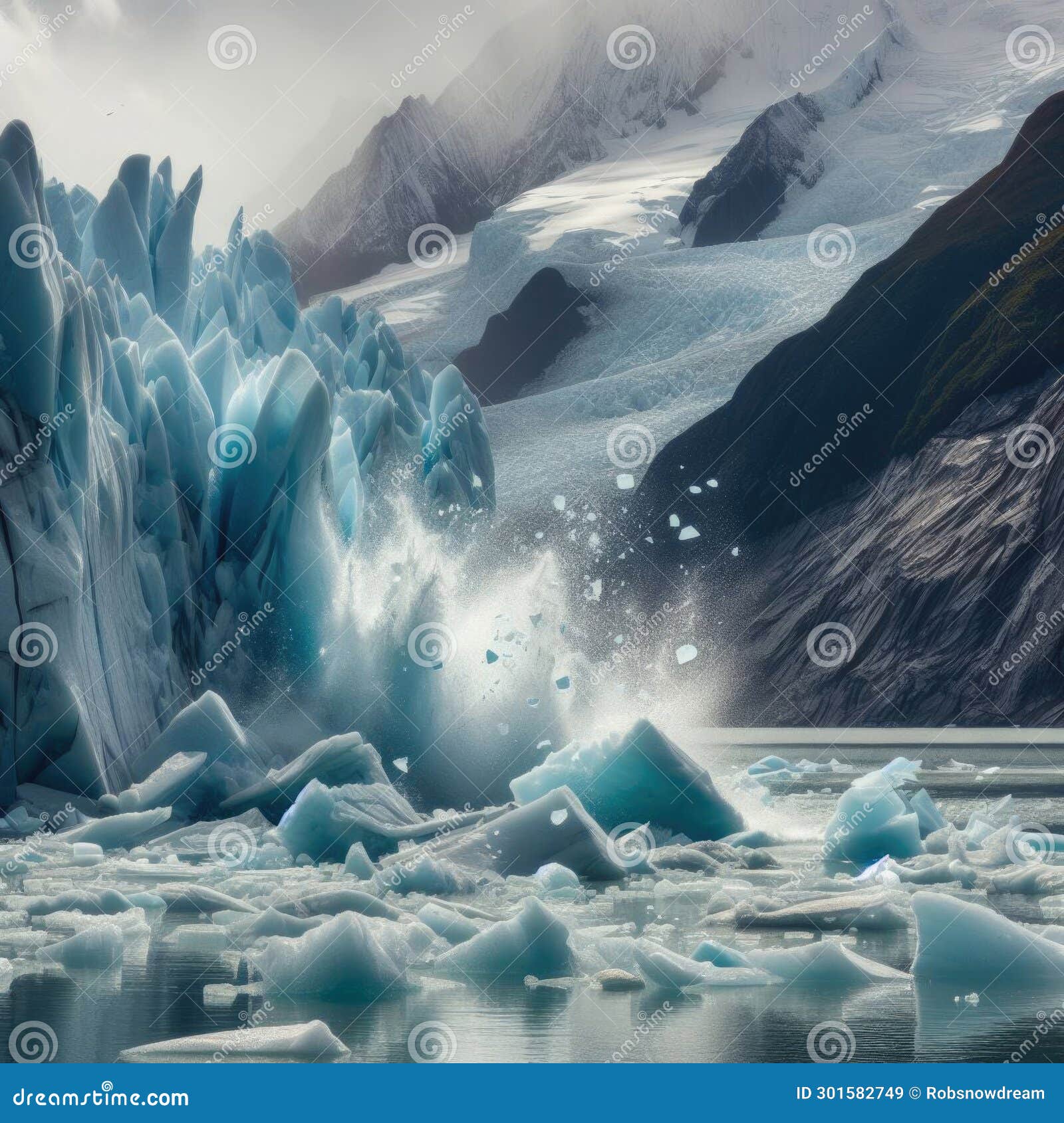 Ice Cracks and Falls Dramatically from Moving Glacier Stock ...