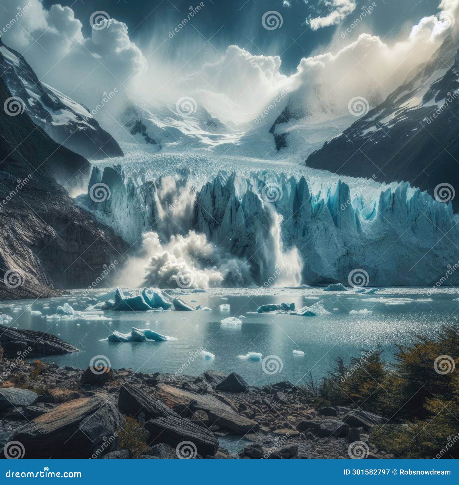 Ice Cracks and Falls Dramatically from Moving Glacier Stock ...