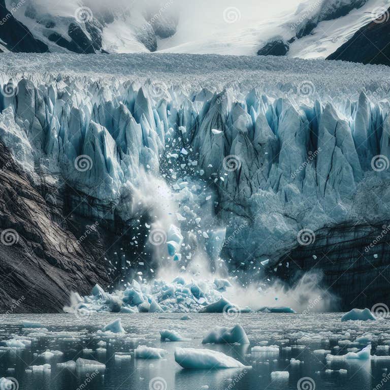 Ice Cracks and Falls Dramatically from Moving Glacier Stock ...