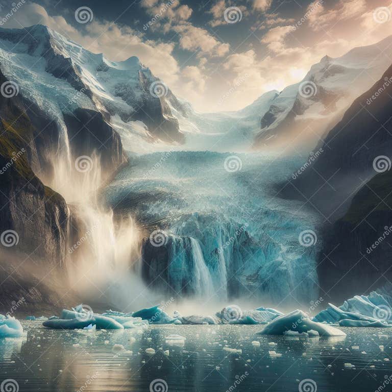 Ice Cracks and Falls Dramatically from Moving Glacier Stock ...