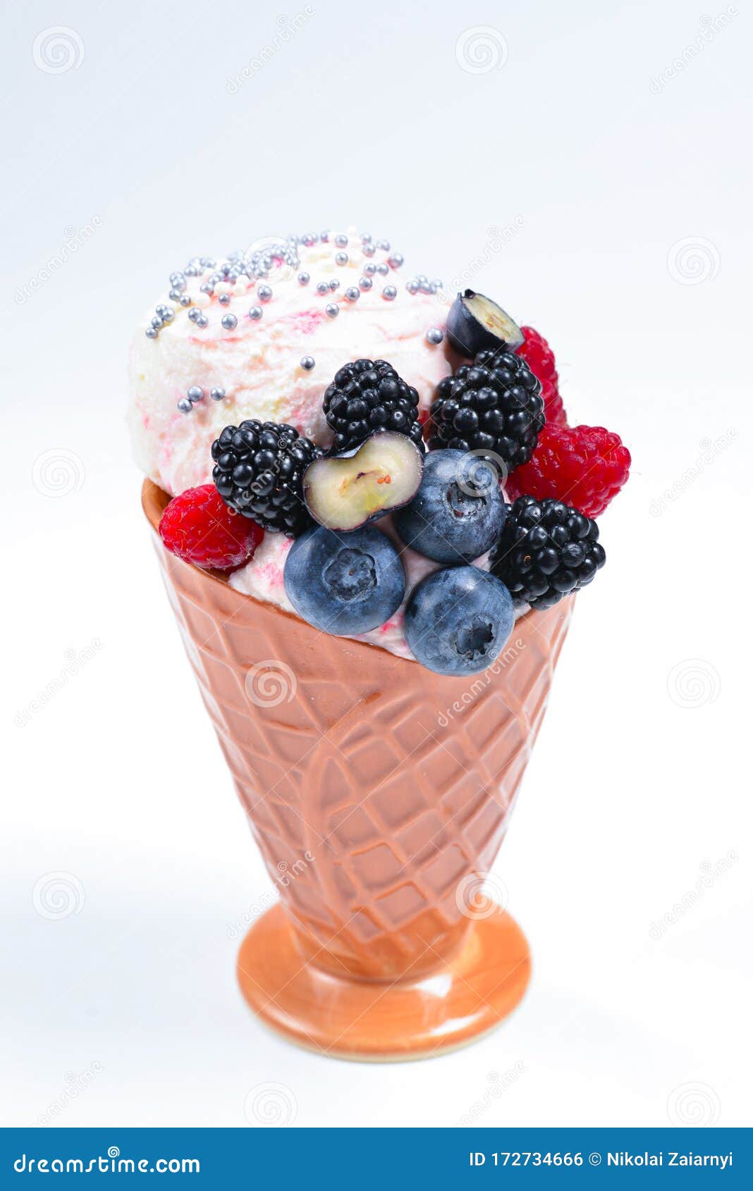 Ice Cream with Blueberries, Blackberries and Raspberries on a White ...