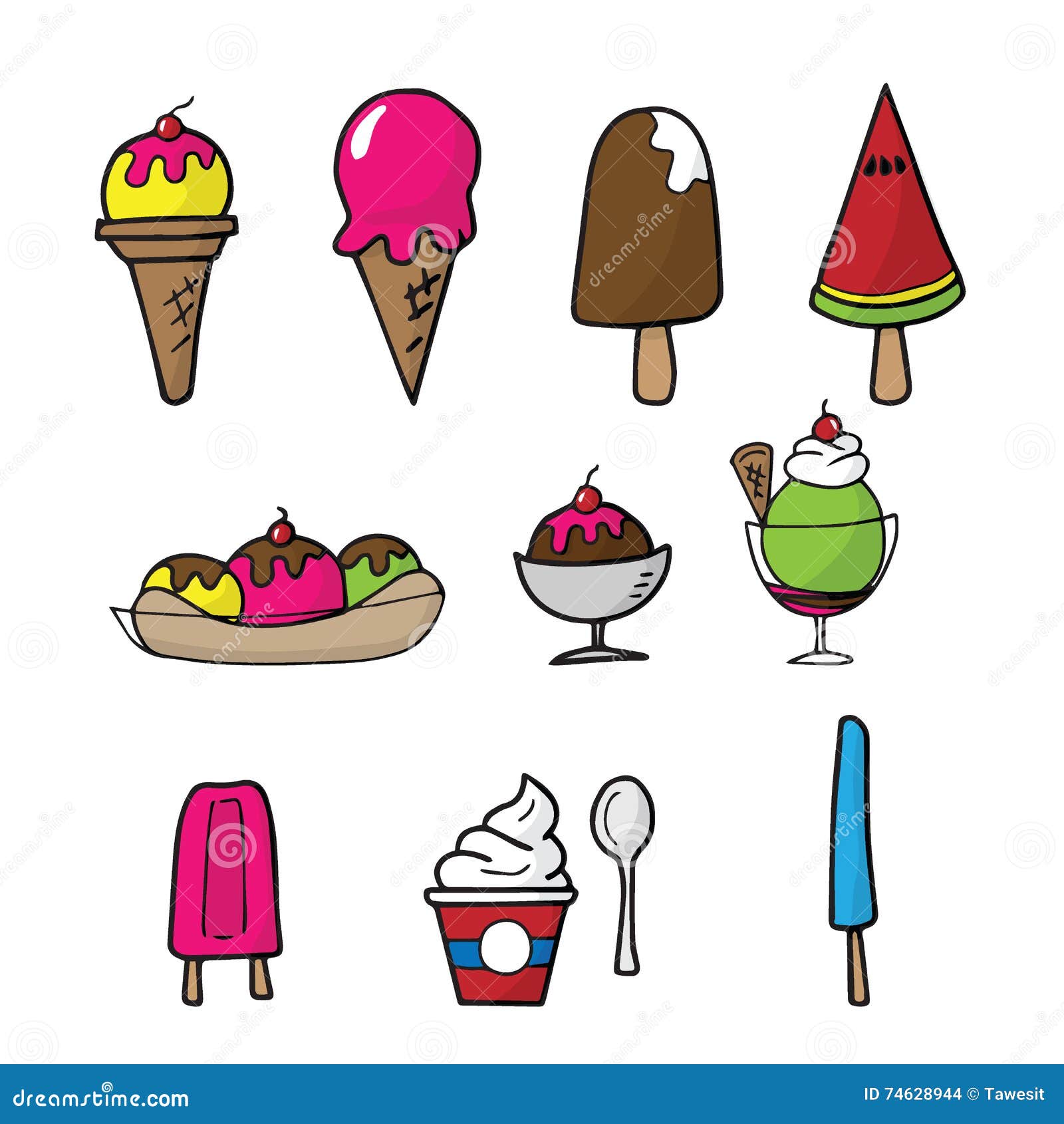 Ice Cream Cartoon Drawing Icons Stock Vector - Illustration of menu ...