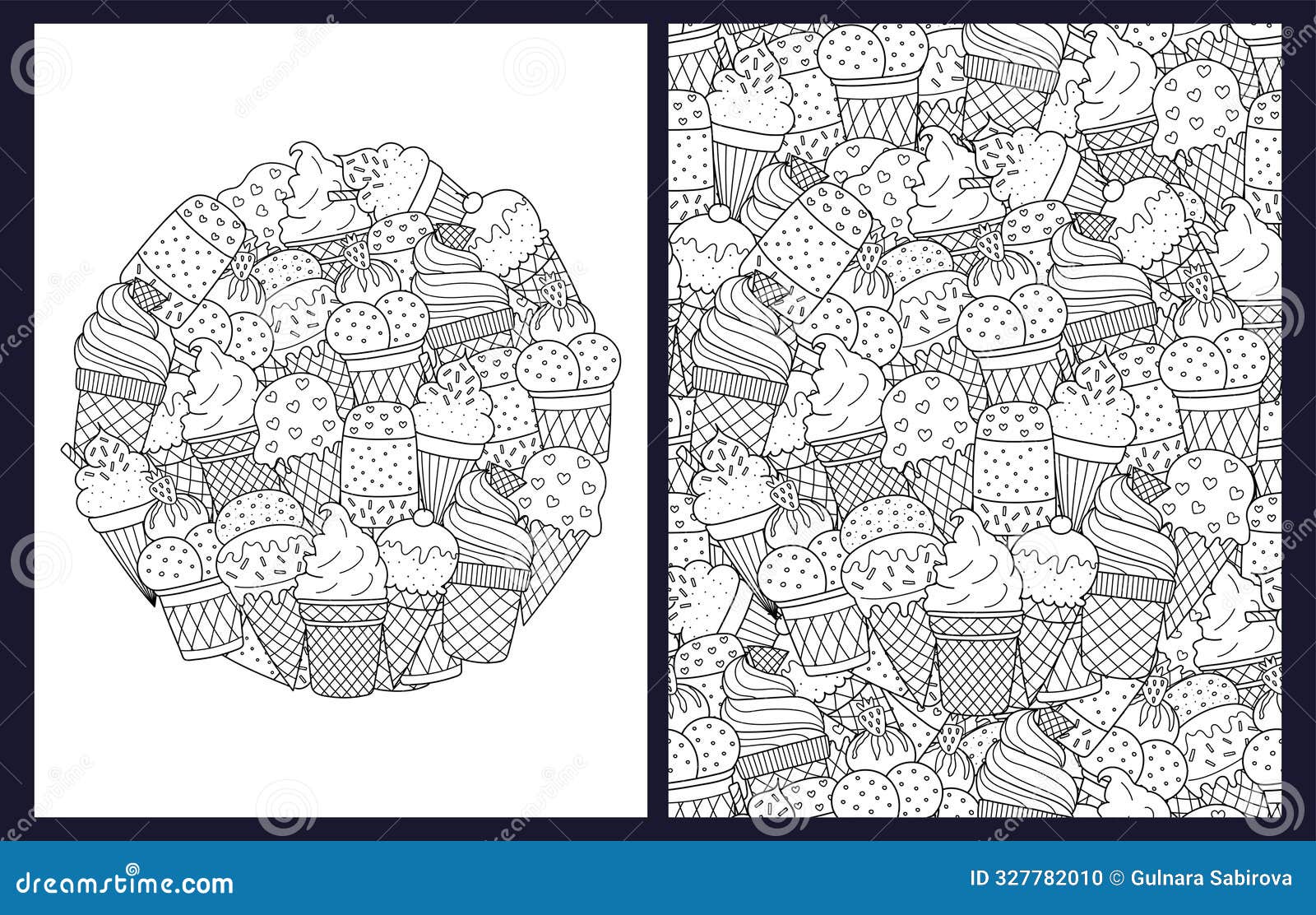 Ice Cream Coloring Book For Adults And Children. Outline. Vector Set Of ...