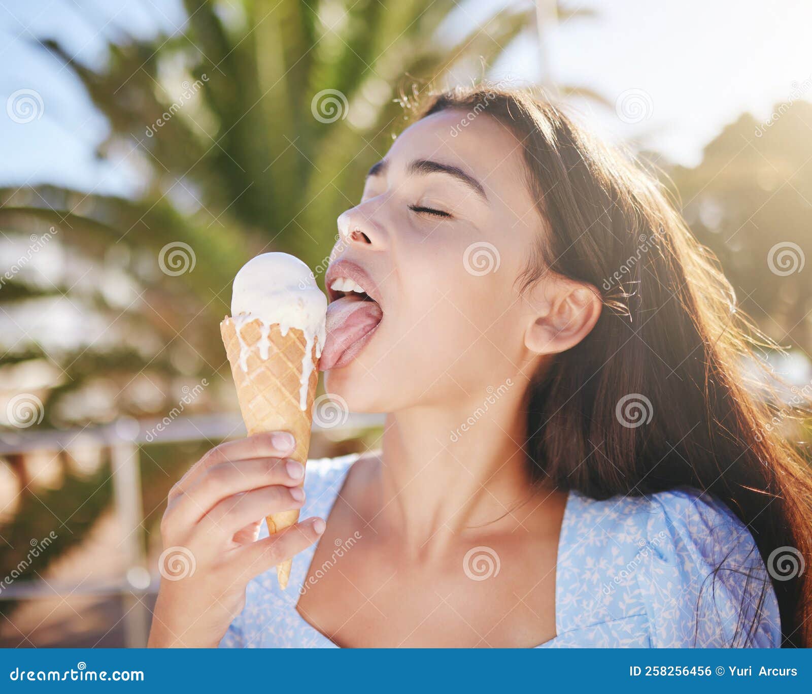 Ice Cream Cone Eating Woman And Summer Dessert To Enjoy On Vacation