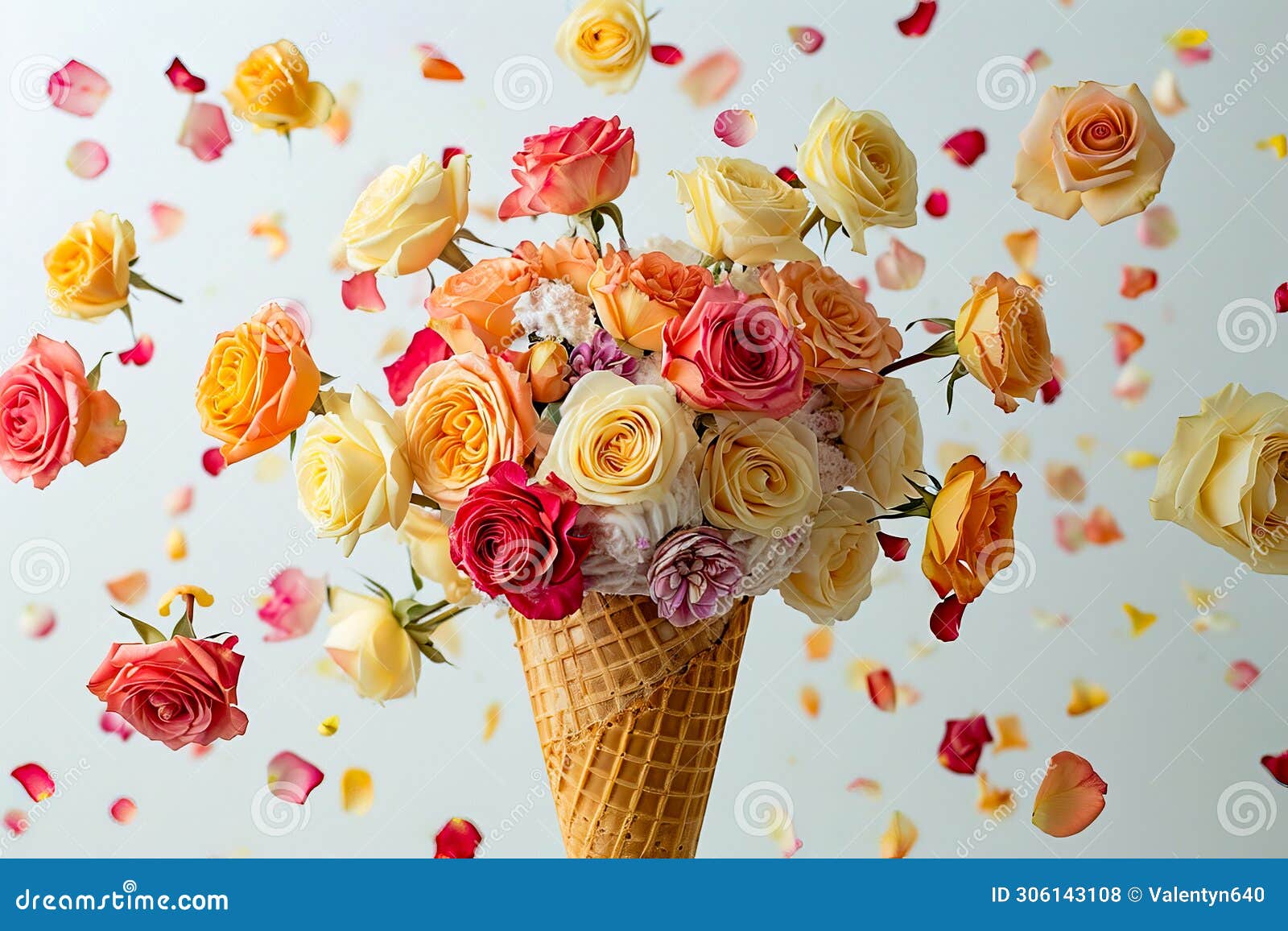 Ice Cream Cone Filled with Roses Falling through the Air. Generative AI ...