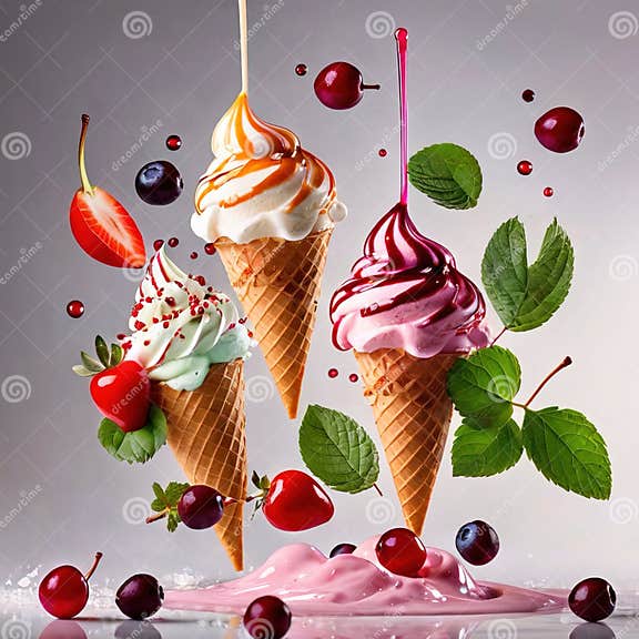 Ice Cream Cone Frozen Sweet Desert With Sauce Stock Illustration