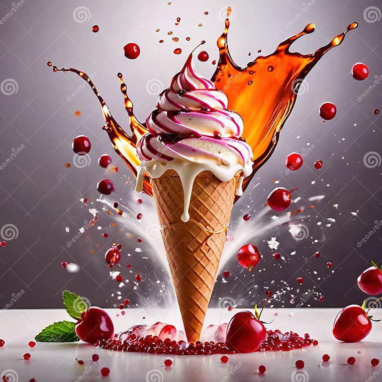 Ice Cream Cone Frozen Sweet Desert With Sauce Stock Illustration
