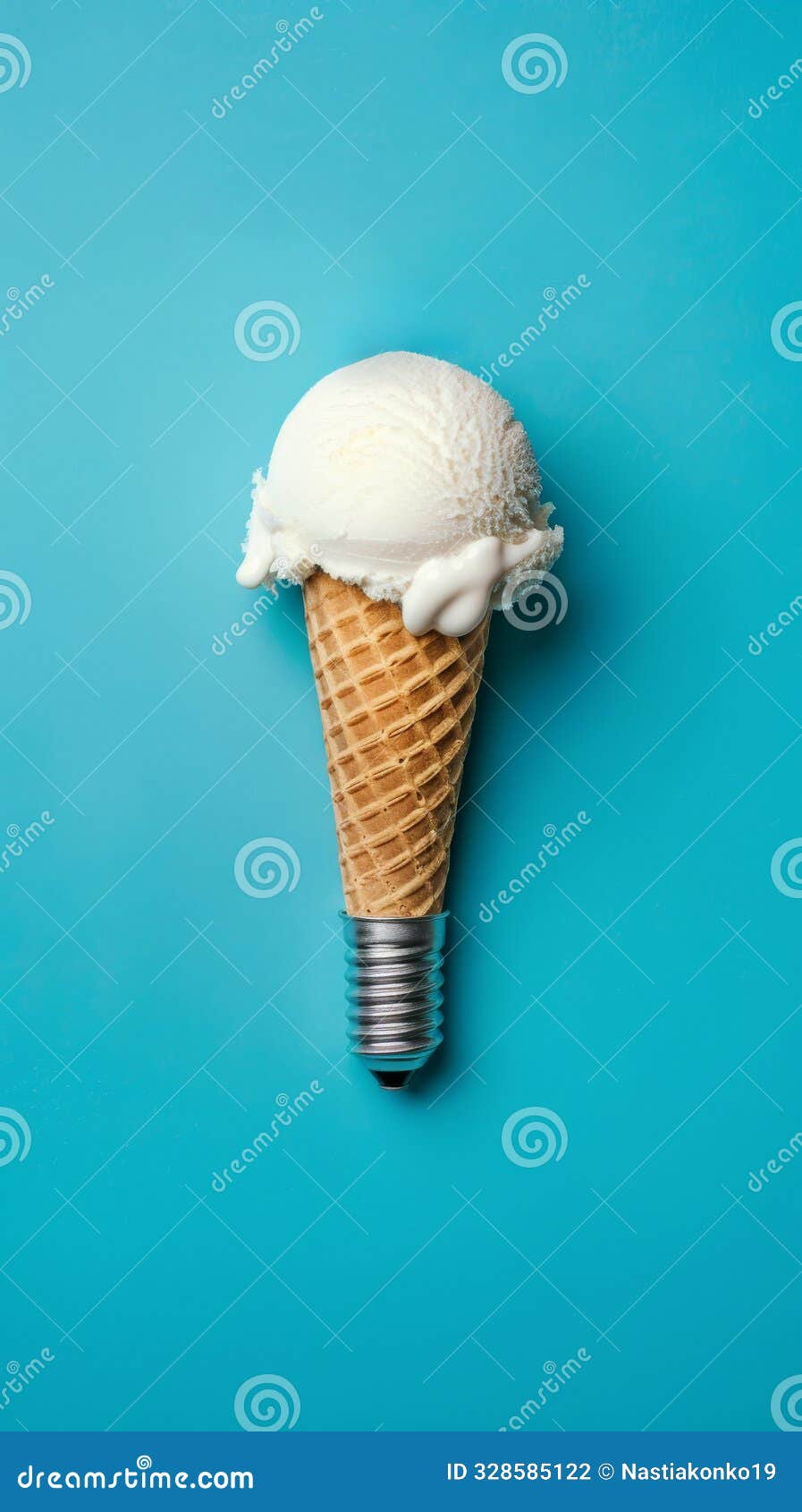 Ice Cream Cone with Light Bulb Base on Blue Background, Creative ...