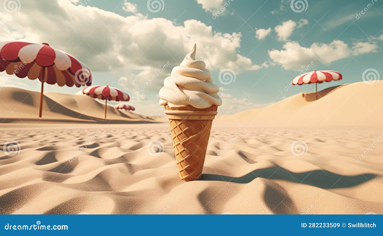 Ice Cream Cone in the Sand of the Beach. Vacation Scene with Ice Cream ...