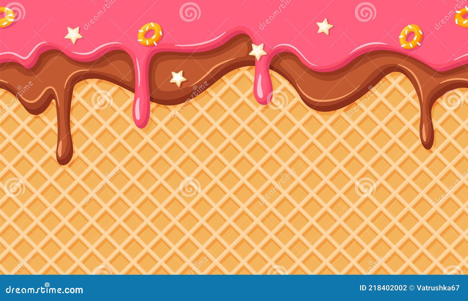 Ice Cream Cone Seamless Pattern Waffle Texture With Melting Strawberry