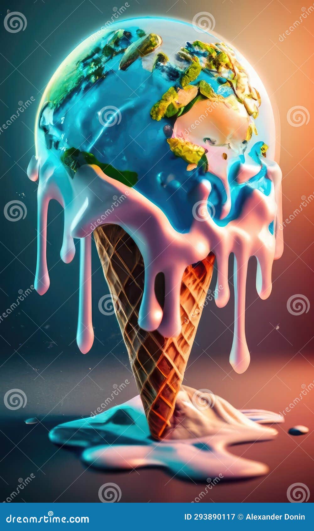 Ice Cream Cone in the Shape of Globe Flowing Down Stock Image - Image ...