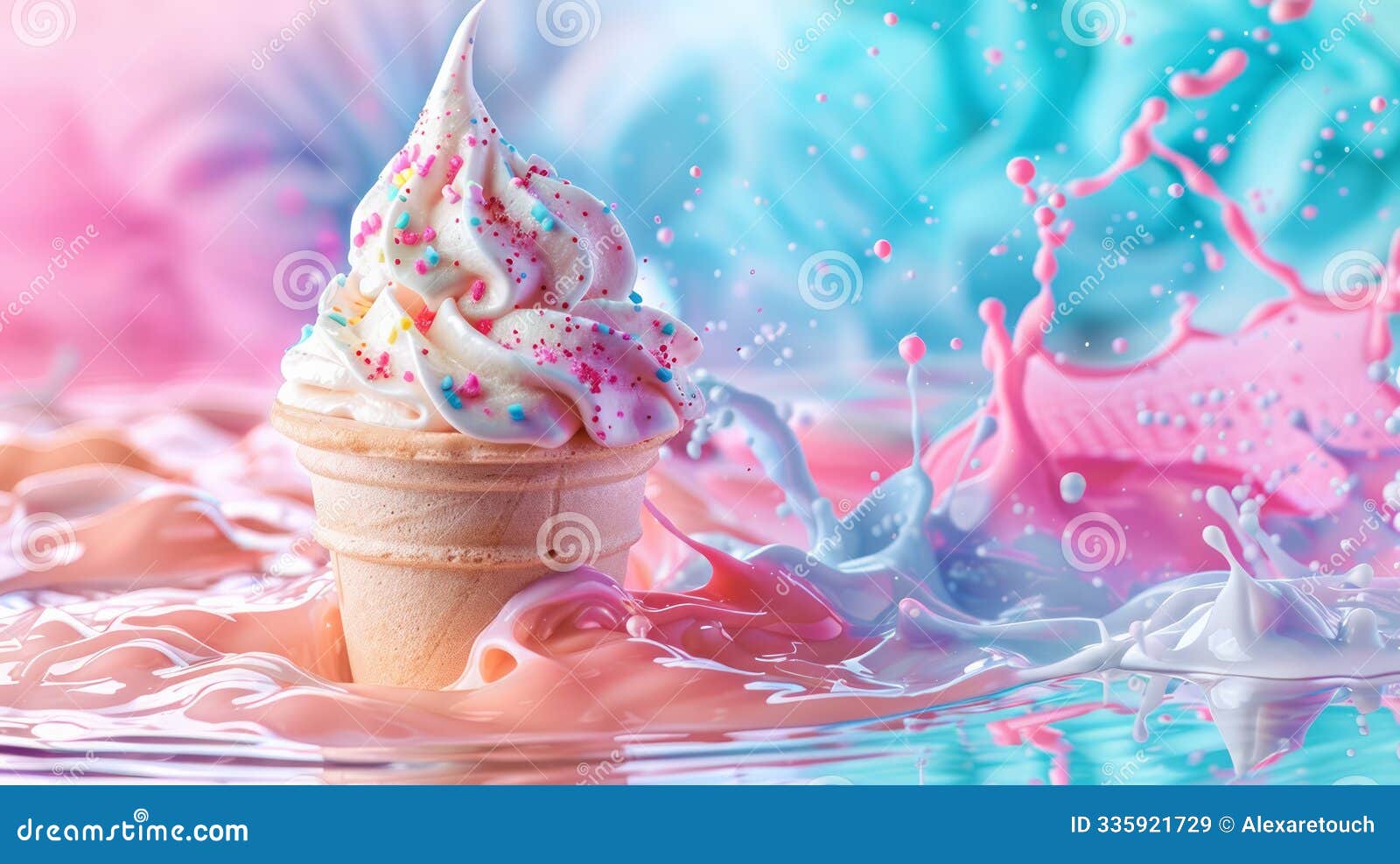 Ice Cream Cone on a Splash of Multi-colored Icing Stock Image - Image ...