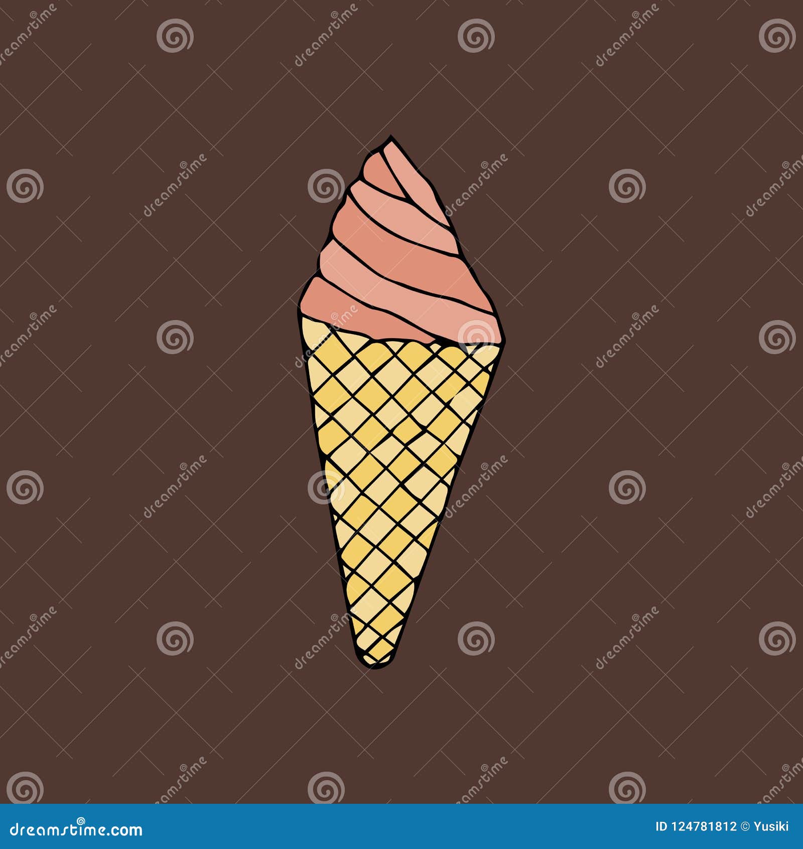 Ice Cream In A Cone Waffle Cup Hand Drawn Vector Illustration Doodles