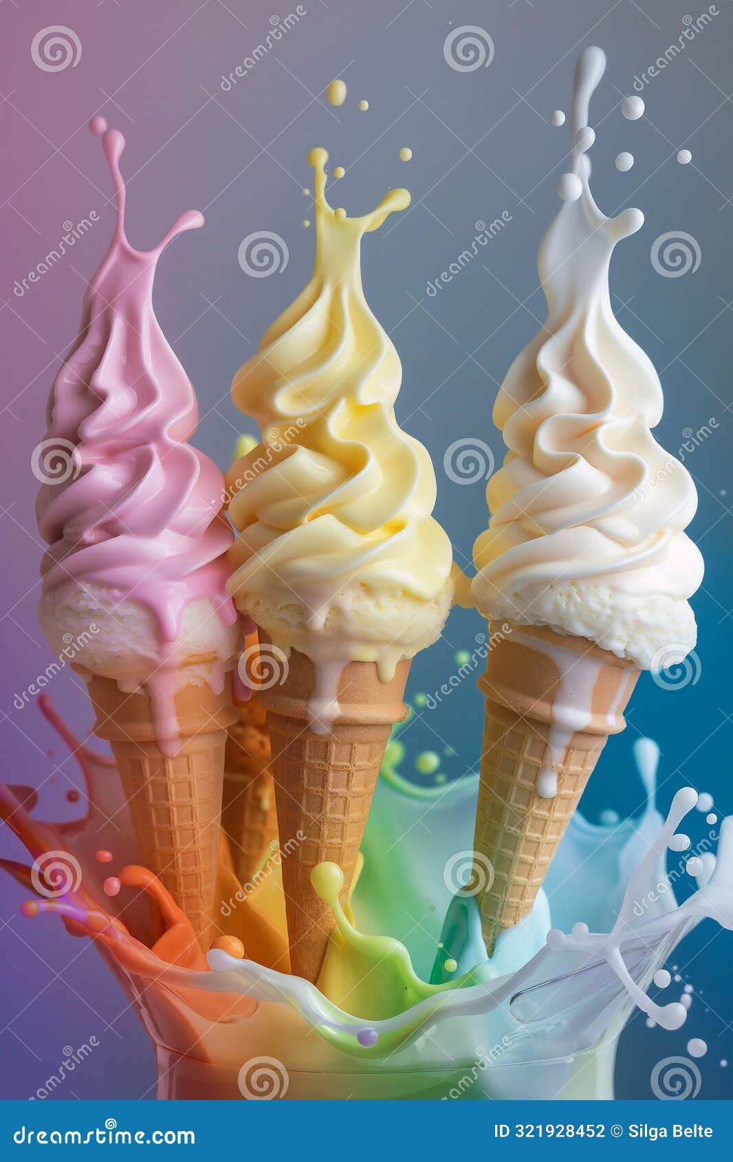 Ice Cream Cones with Rainbow Colored Scoops Creating High Splashes ...