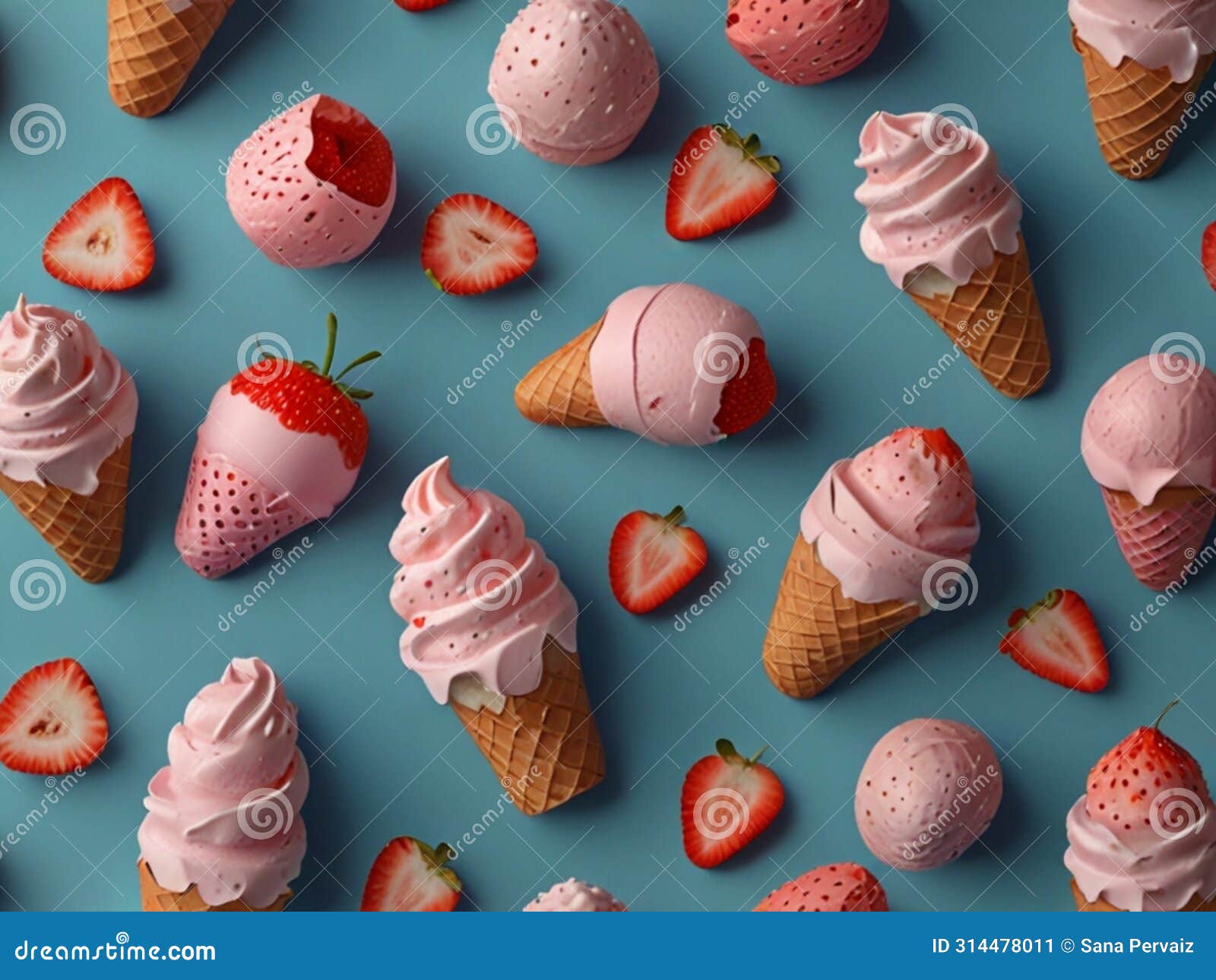 Pink Strawberry Ice Cream Pattern on Pastel Blue Background. Summer ...