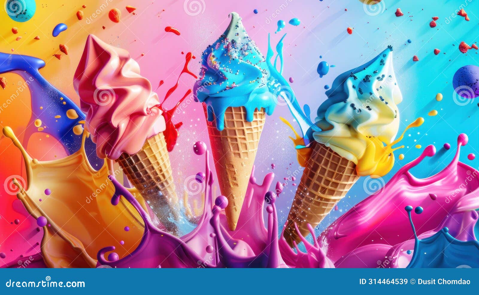 Ice Cream Cones are Splattered with Colorful Paint, Creating a Fun ...