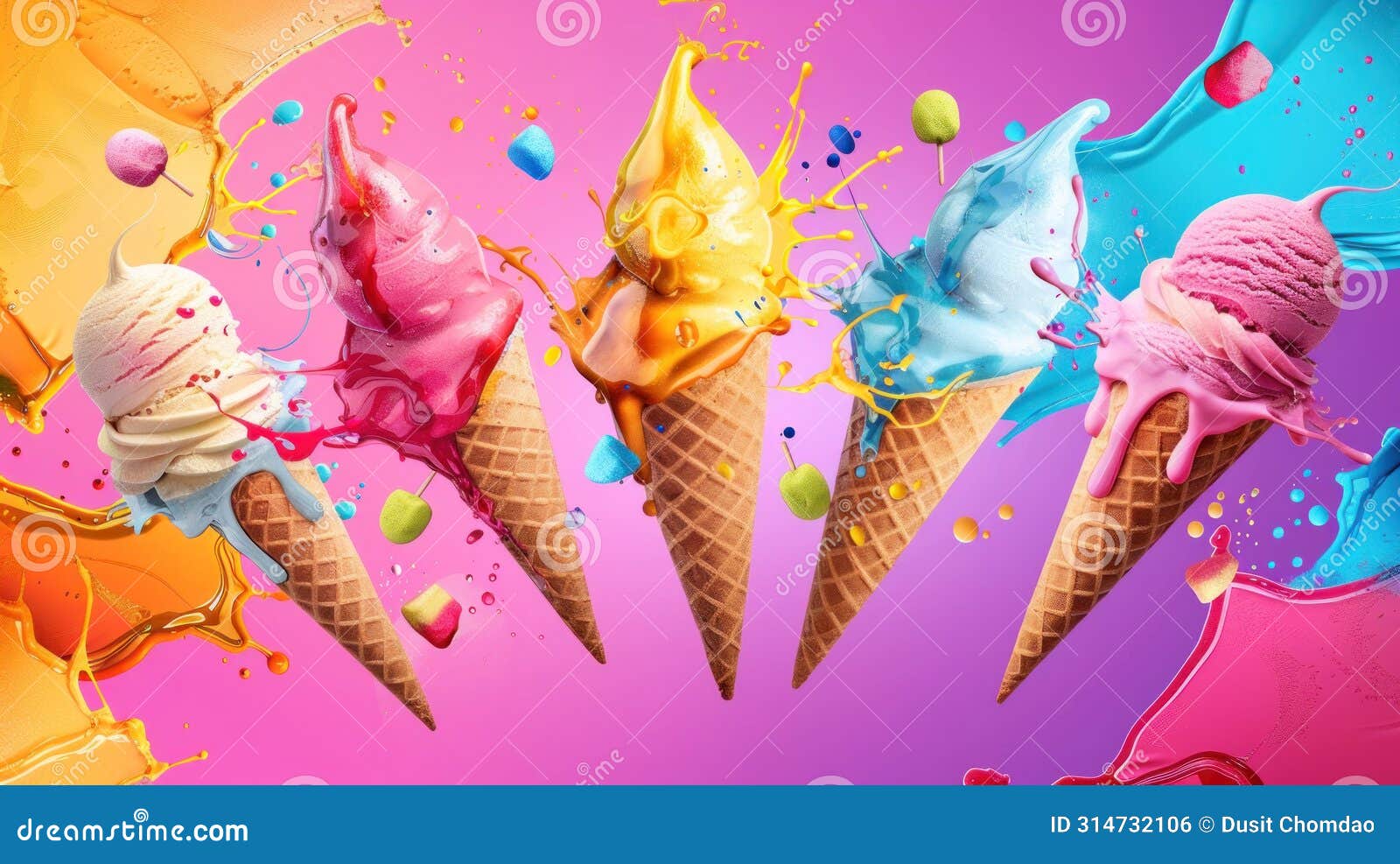 Ice Cream Cones are Splattered with Colorful Paint, Creating a Fun ...