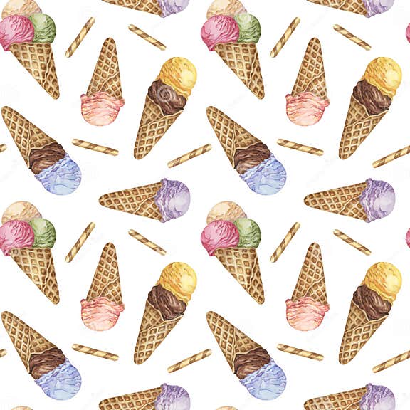 Ice Cream Cones And Waffles Watercolor Seamless Pattern Whimsical