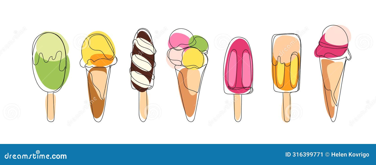 Ice Cream Continuous Line Drawing with Colored Elements. Dessert Gelato ...