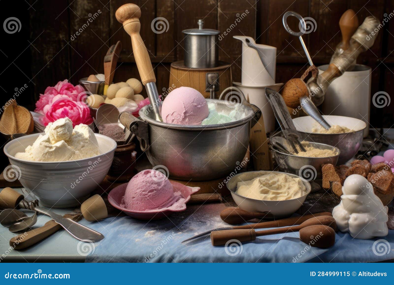Ice Cream Making Process with Various Tools and Bowls Stock ...