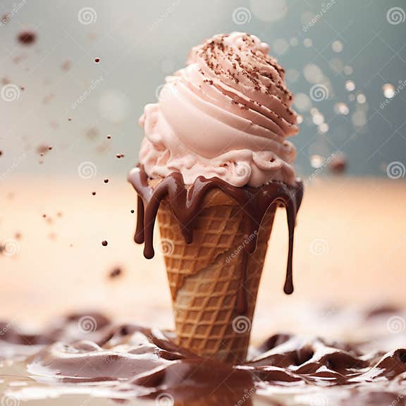 Ice Cream Malting In Waffle Cone With Chocolate Drips Ai Stock