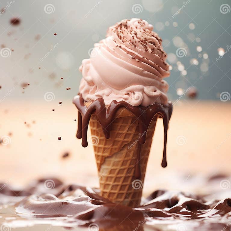 Ice Cream Malting In Waffle Cone With Chocolate Drips Ai Stock Image