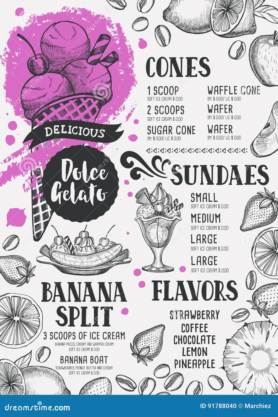 Ice Cream Menu. Vector Dessert Food Flyer For Restaurant. Design ...