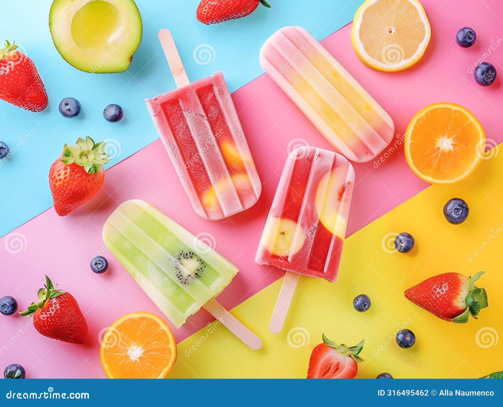 Ice Cream Popsicles from Fruit on Tricolor Diagonal Background, Top ...