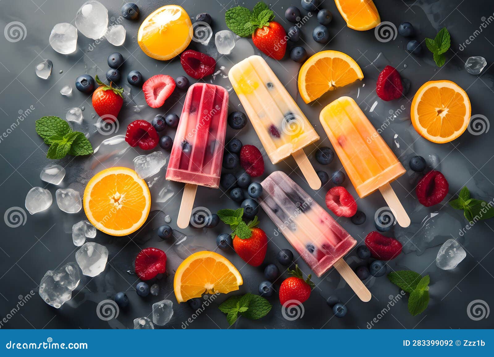 Ice Cream Popsicles with Fruits and Ice Cube on Flat Surface, High ...