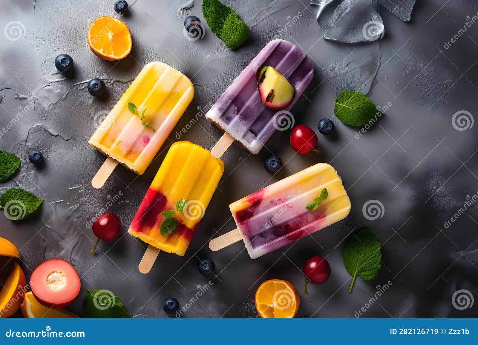 Ice Cream Popsicles with Fruits and Ice Cube on Flat Surface, High ...