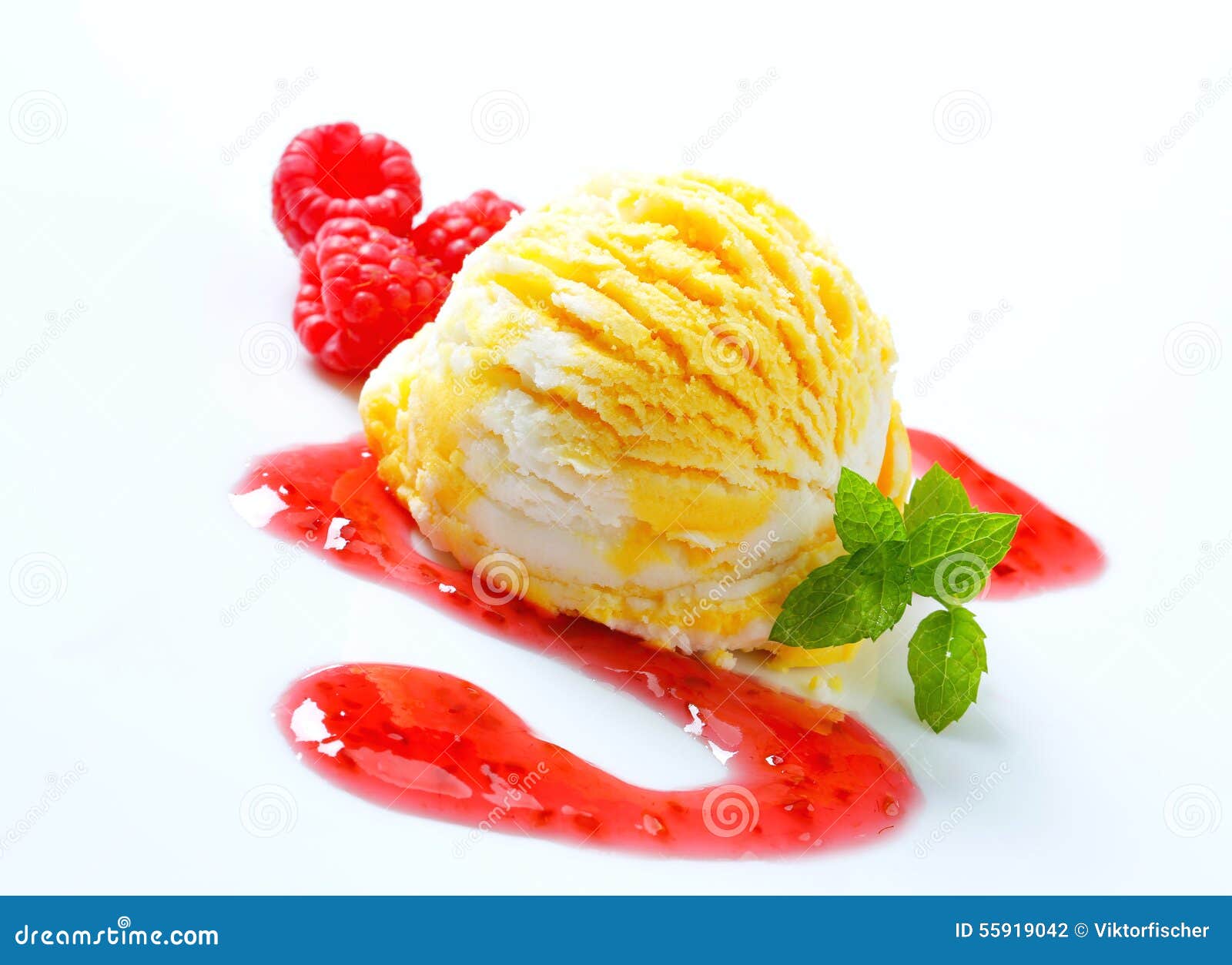 Ice Cream with Raspberry Sauce Stock Photo - Image of custard, food ...