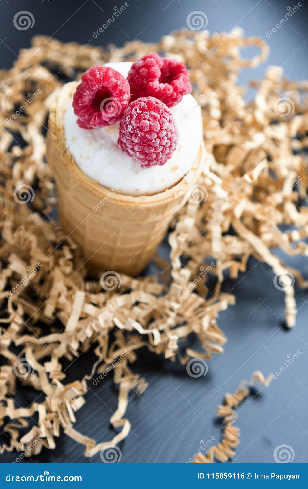 Ice Cream with Raspberry in Waffle Cone Stock Photo - Image of juicy ...