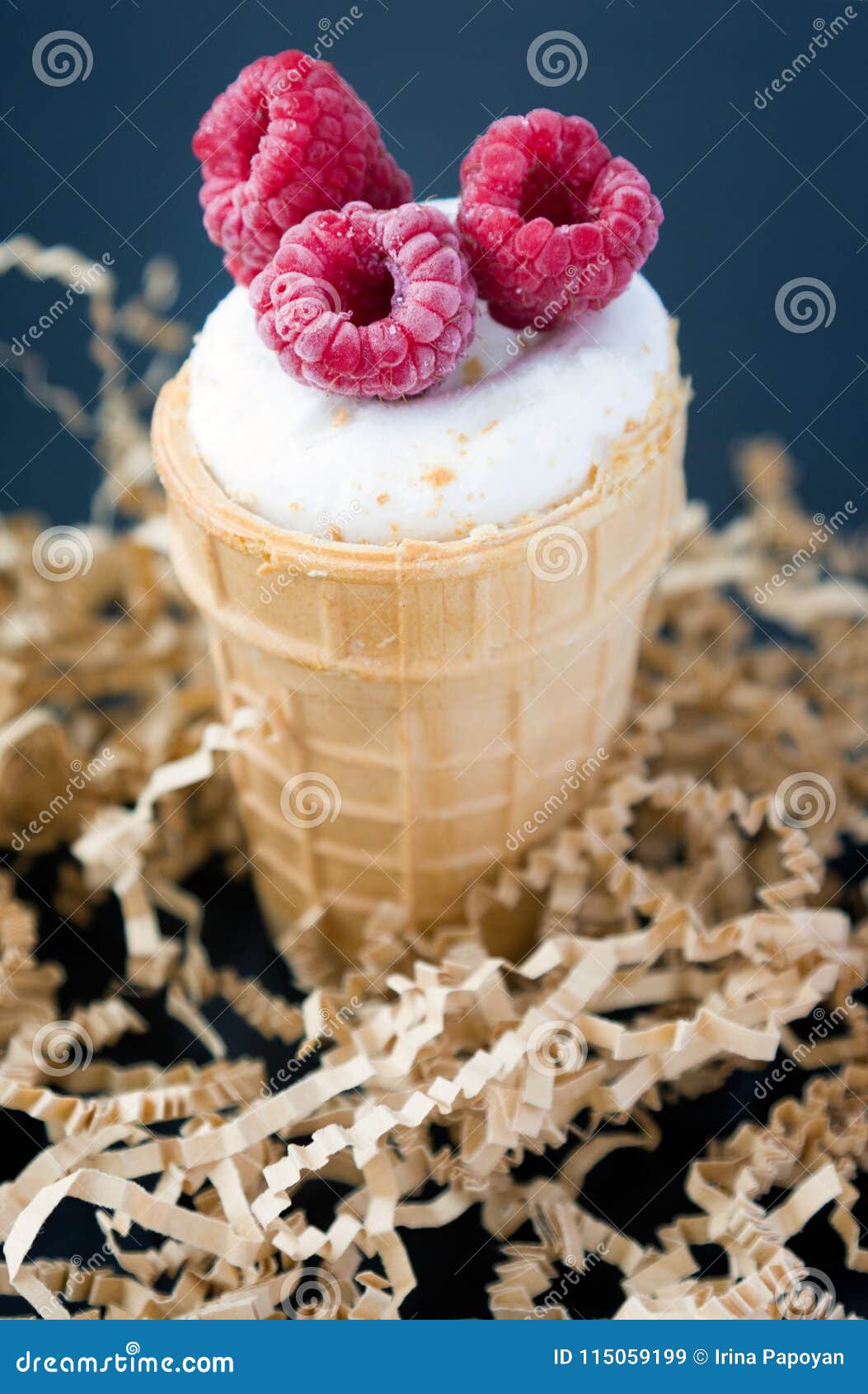Ice Cream with Raspberry in Waffle Cone Stock Image - Image of healthy ...