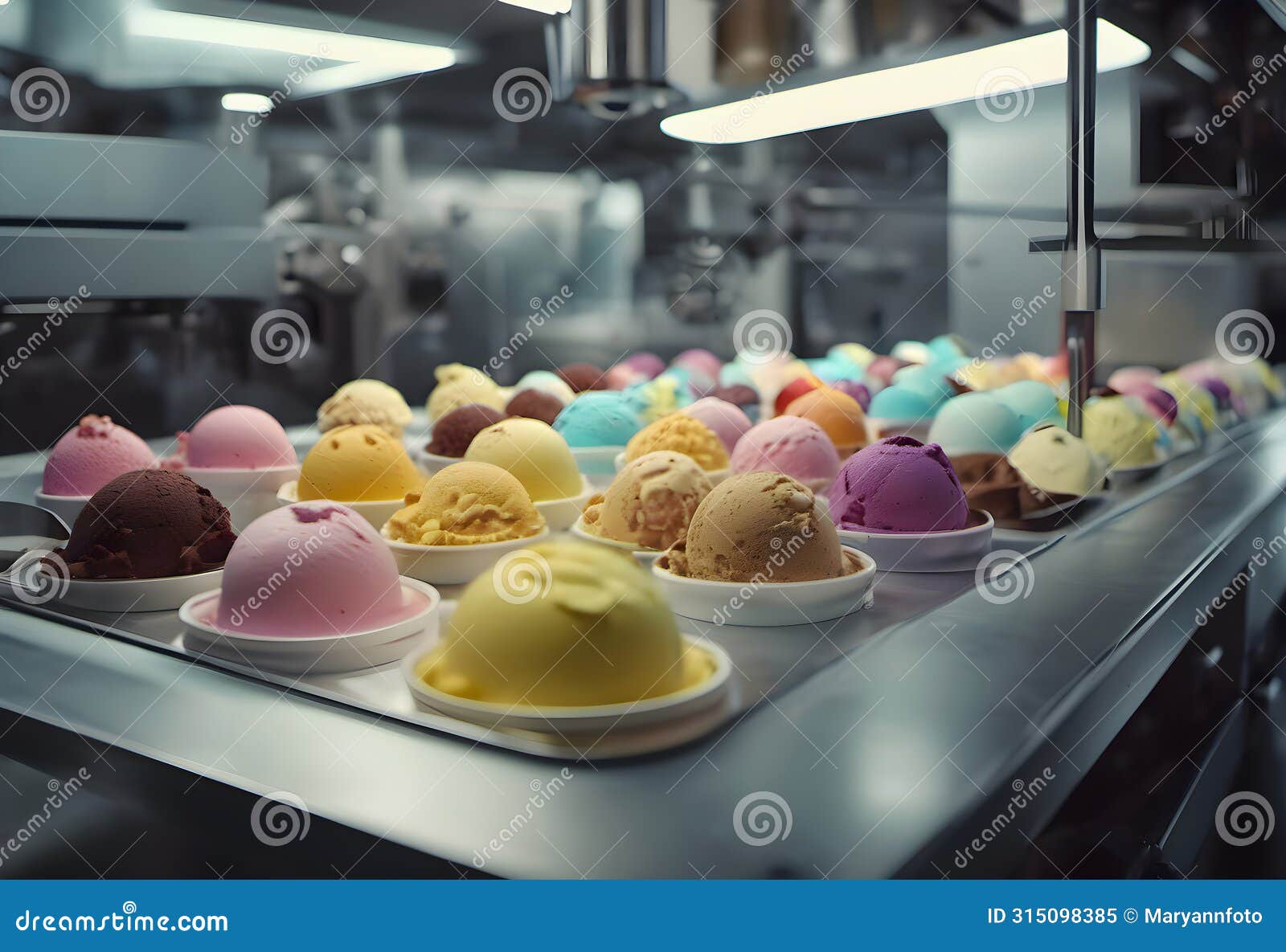 Ice Cream in a Row on a Conveyor Belt in a Factory for Taste Testing ...