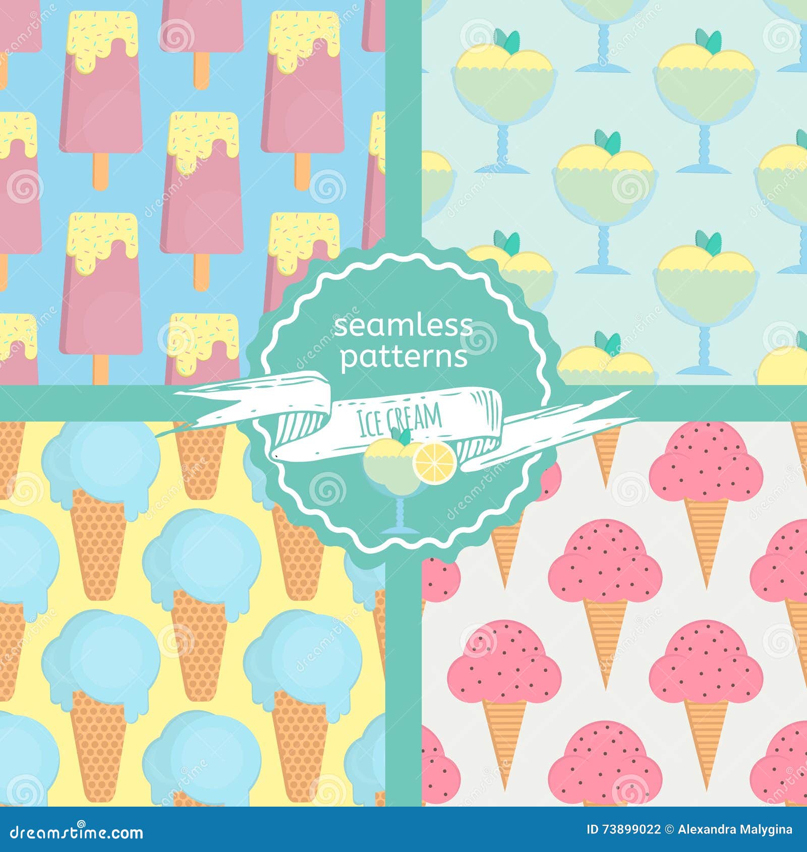 Ice Cream Seamless Patterns Set in Flat Style Stock Vector ...