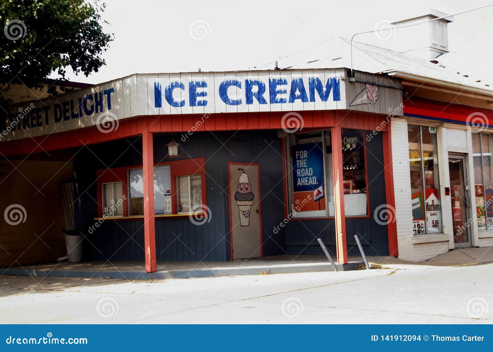 Ice Cream Store Front With People Buying Ice Cream And Shop Logo In ...