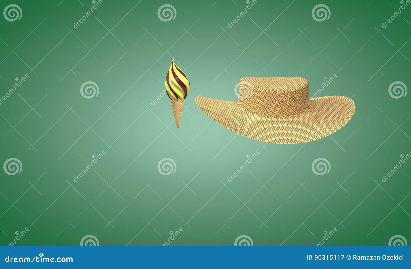 Ice Cream and Straw Hat on White, 3d Render Stock Illustration ...