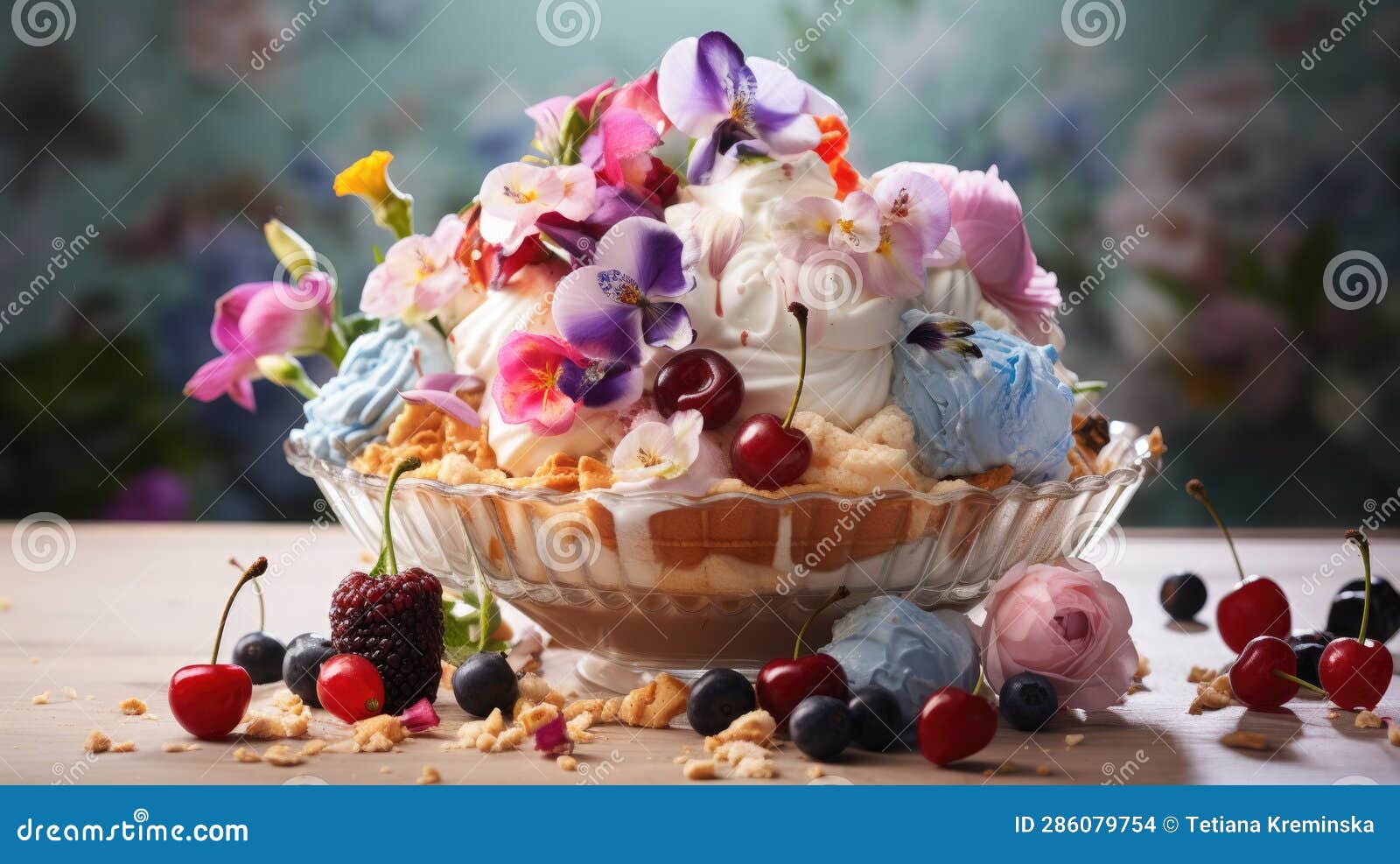 Ice Cream Sundae with Edible Flowers Stock Photo - Image of cherry ...