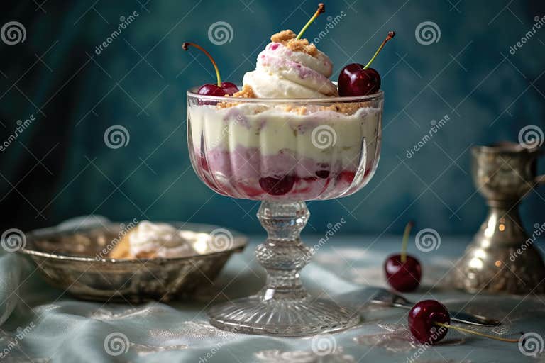 Ice Cream Sundae In A Glass Dish With A Cherry On Top Stock