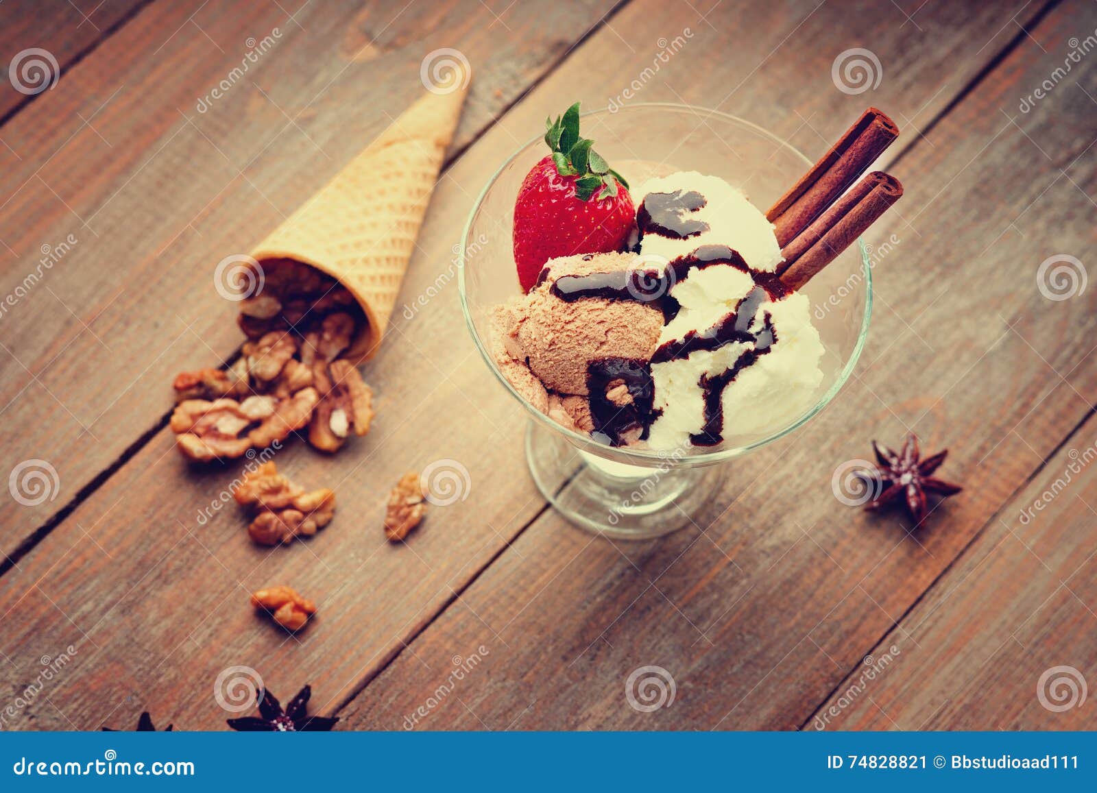 Ice Cream Sundae, Waffle Cone, Walnuts and Strawberry Stock Image ...