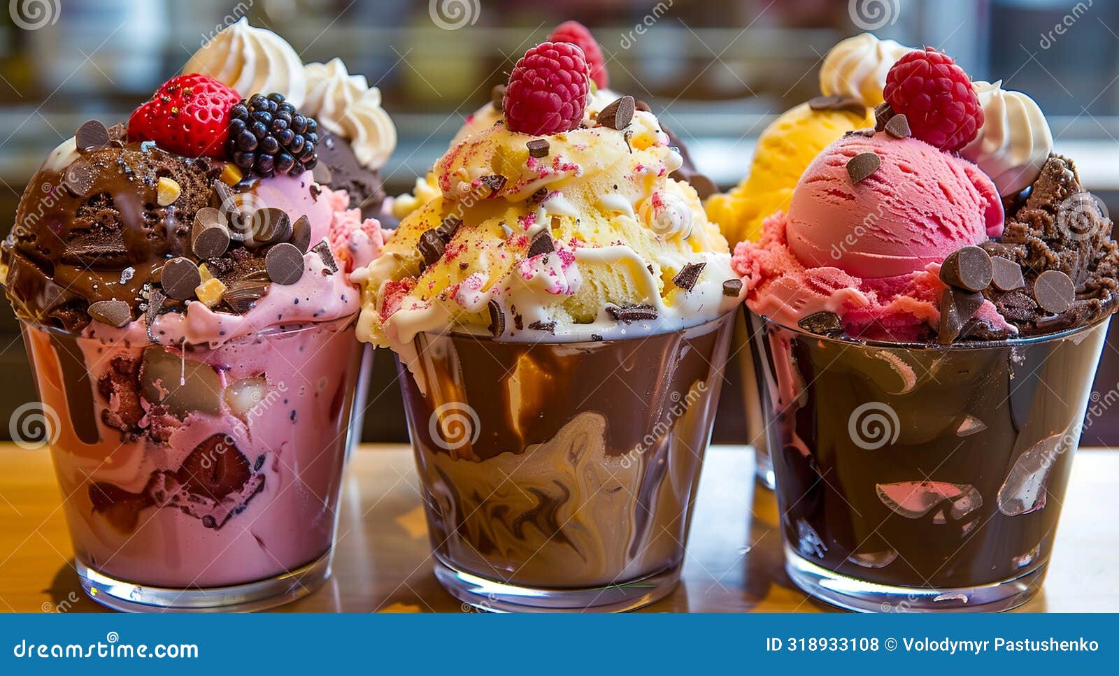 Ice Cream Sundaes in a Row on a Table Stock Photo - Image of raspberry ...