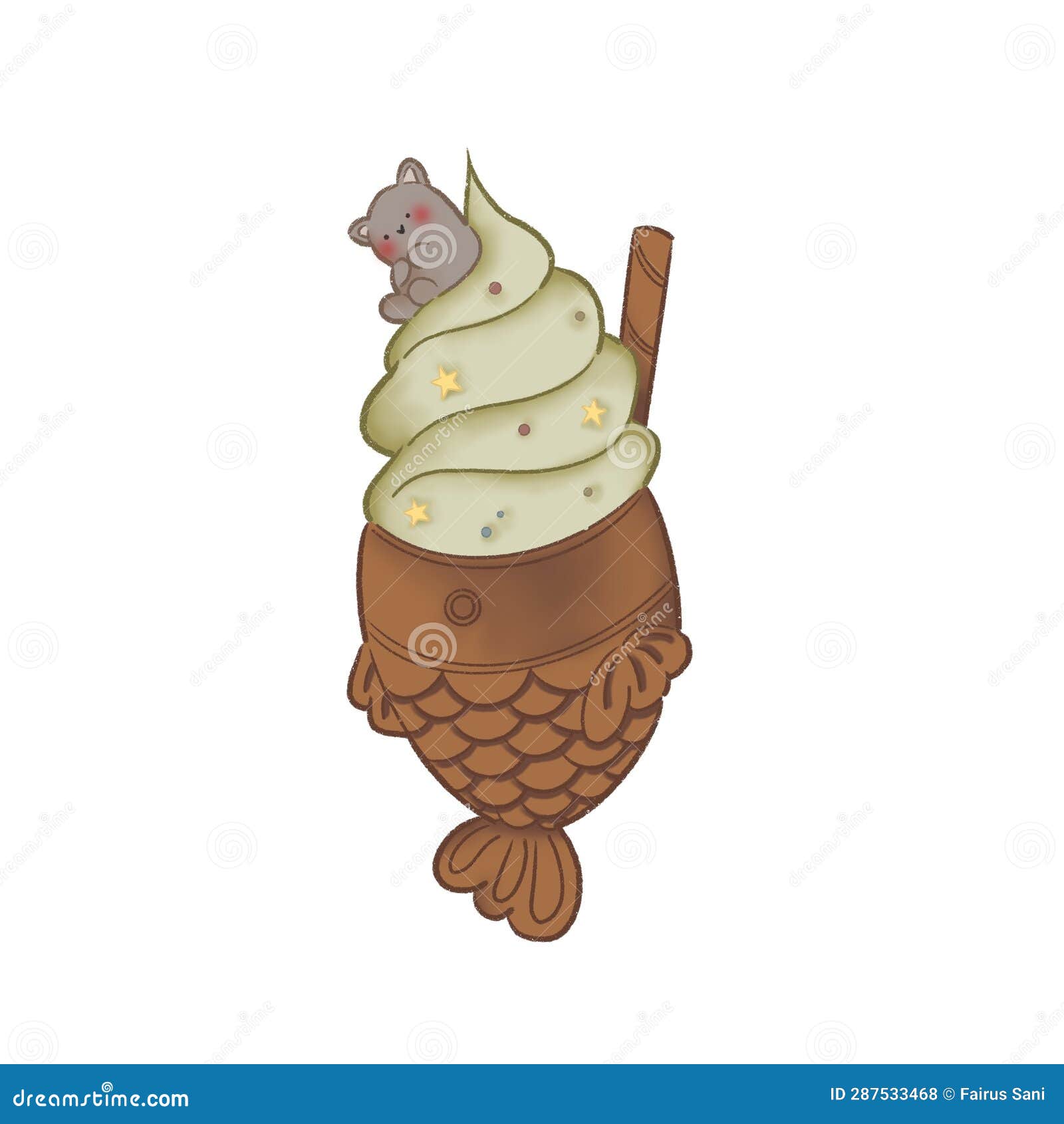 Cute Ice Cream Taiyaki Matcha Flavour Stock Illustration - Illustration ...