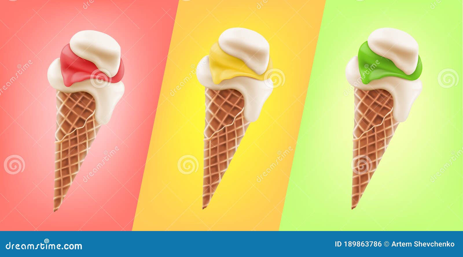 Set Of Three Ice Cream Wafer Cones With Different Taste On Colored