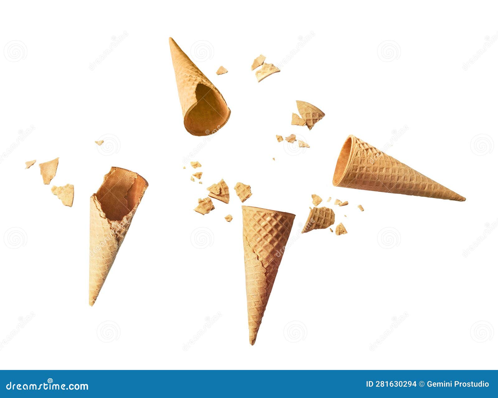 Ice Cream Wafer Cones Isolated on White Background with Broken Wafer ...
