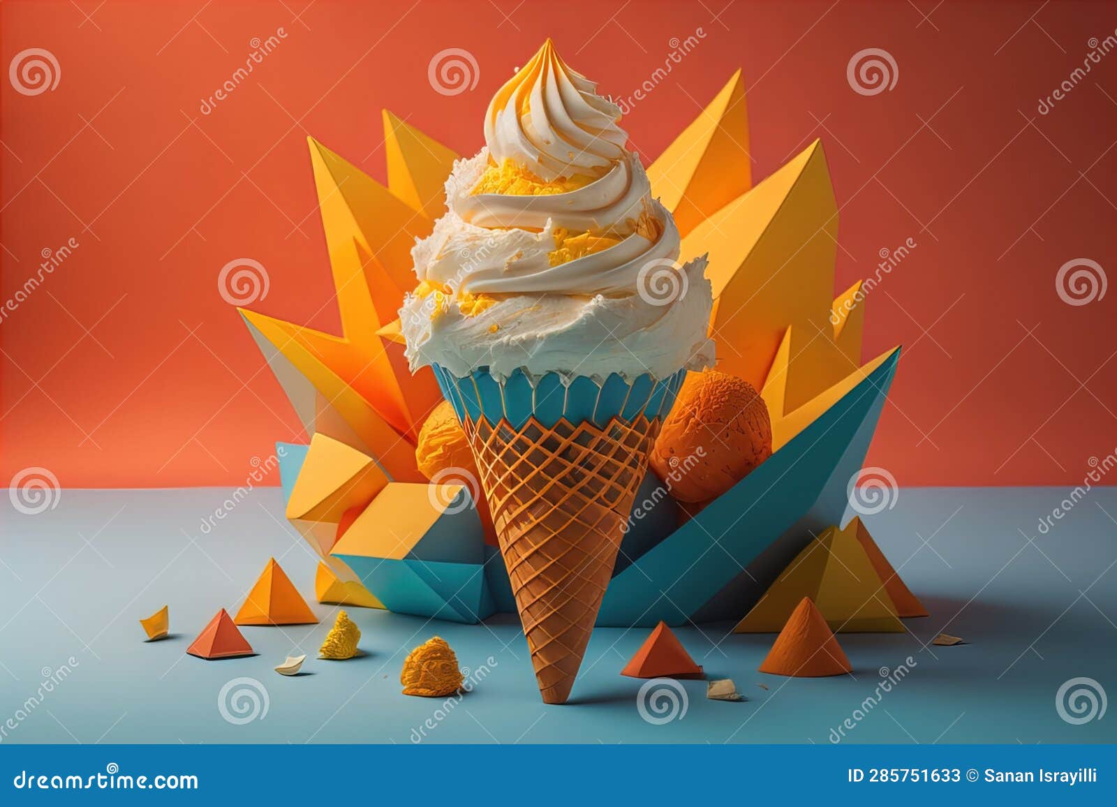 Ice Cream In Waffle Cone On Blue Background Top View Flat Lay Ai