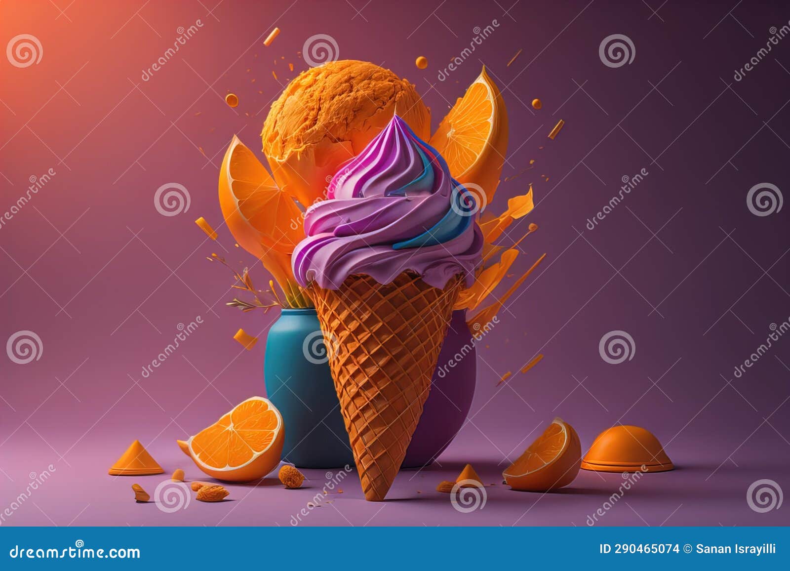 Ice Cream In Waffle Cone On Blue Background Top View Flat Lay Ai