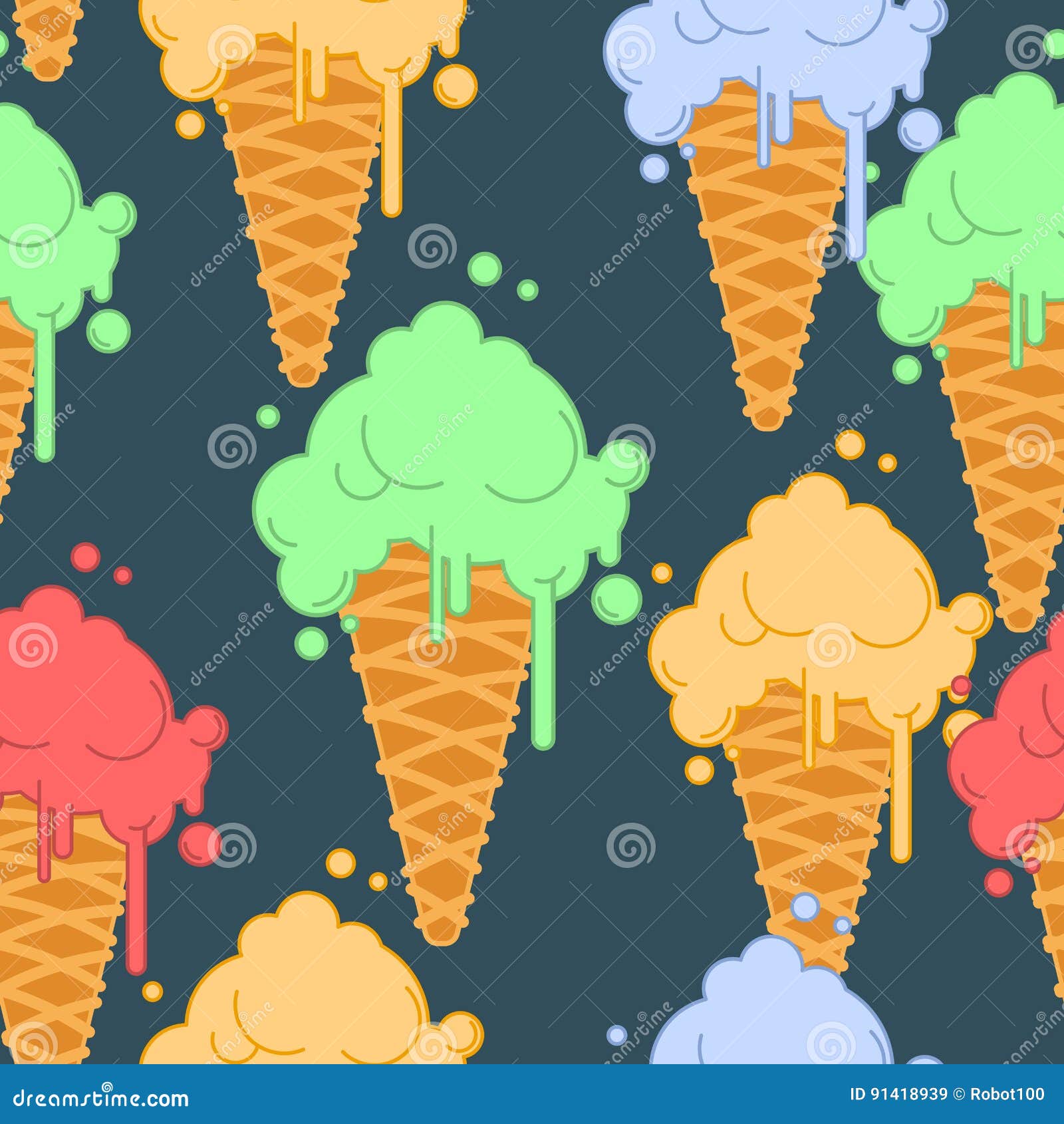 Ice Cream In Waffle Cone Seamless Pattern Cold Dessert Texture Stock